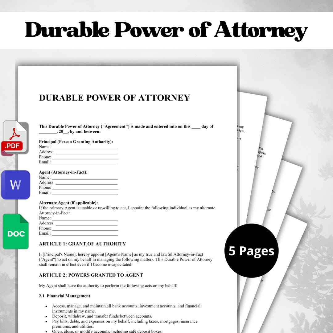 Editable Durable Power of Attorney Agreement | Editable PDF, Google Doc ...