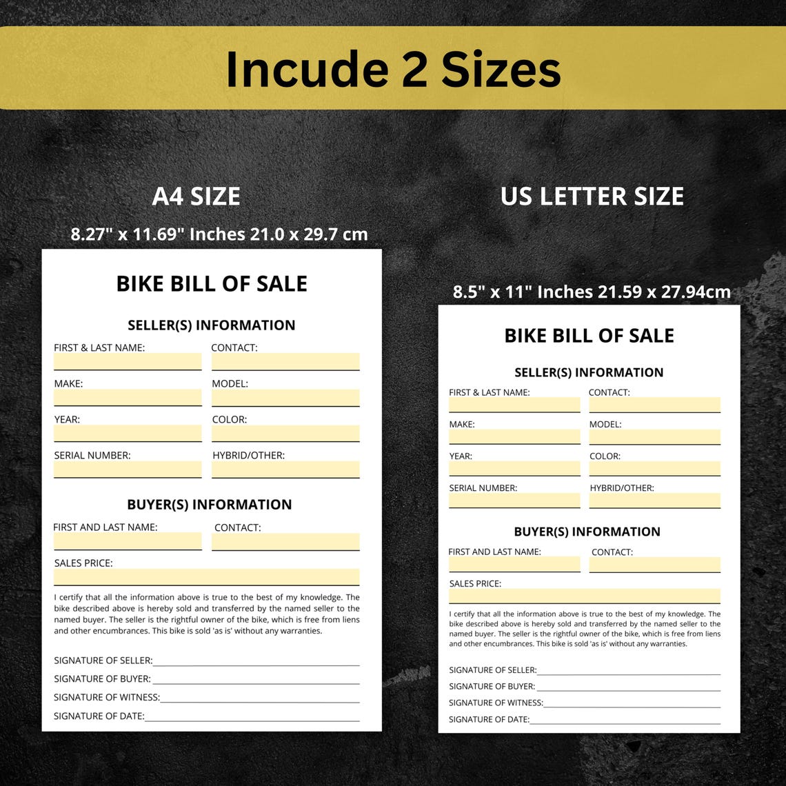 Editable Bike Bill of Sale Template – PDF A4 & US Letter - Etsy