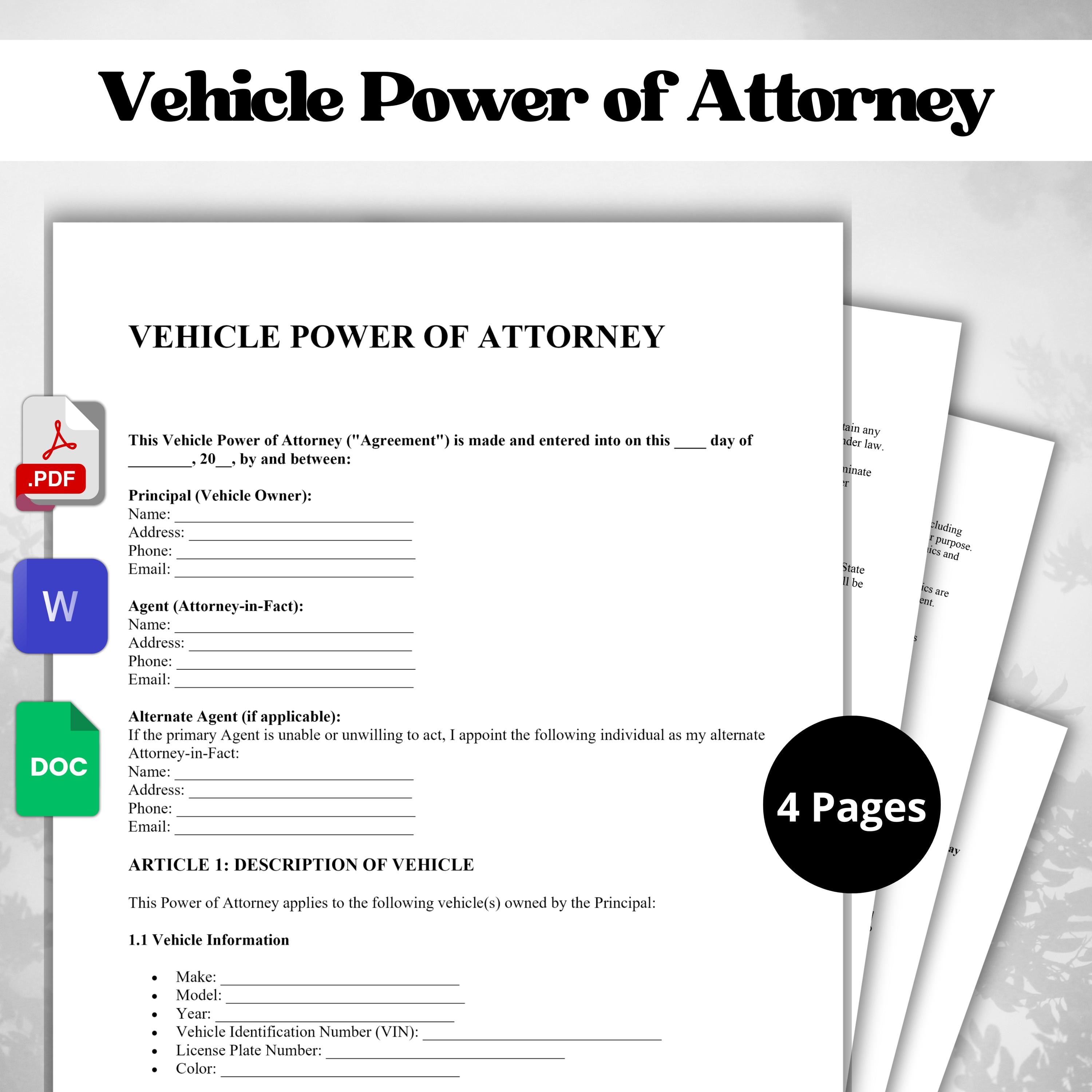 Vehicle Power of Attorney Agreement | Editable PDF, Google Doc, Word ...