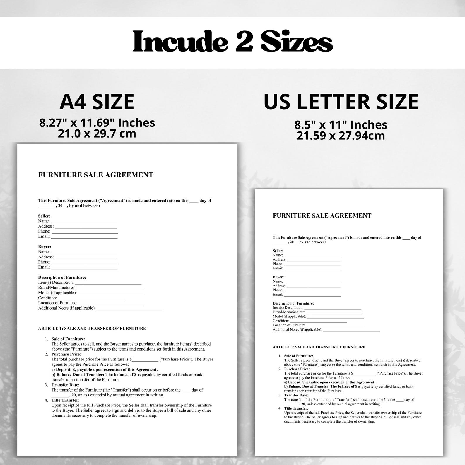 Furniture Sale Agreement | Editable PDF, Google Doc, Word | Secure ...