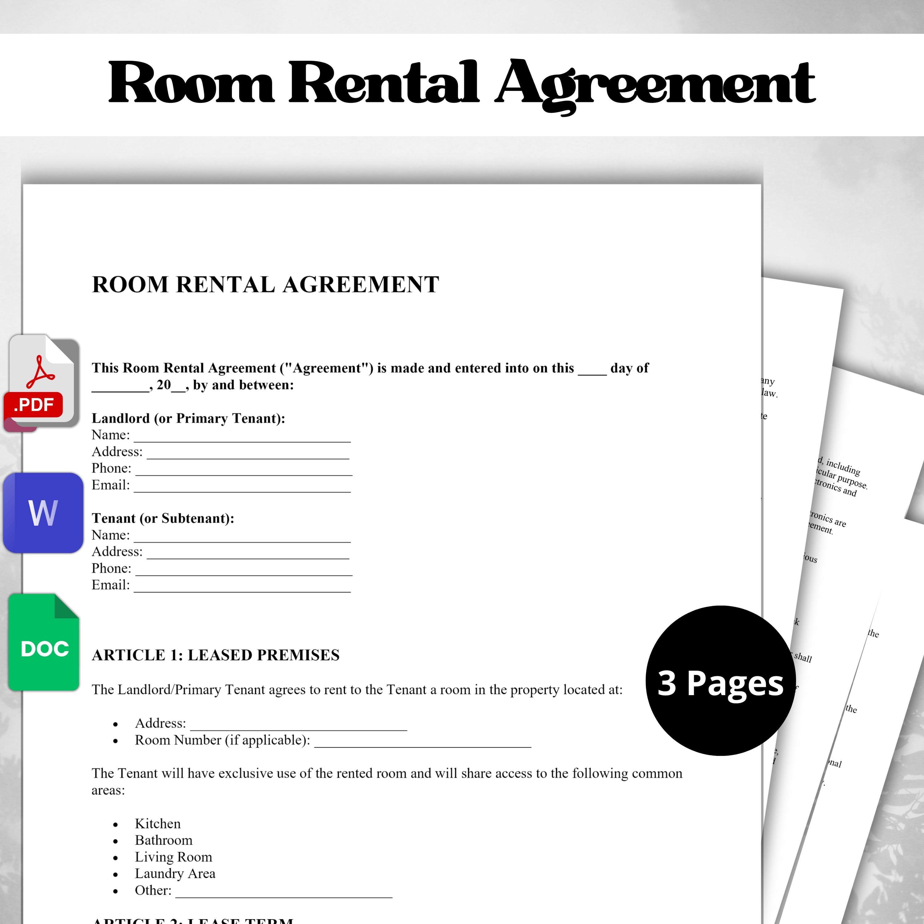 Printable Room Rental Agreement Template. Editable Room Tenancy ...