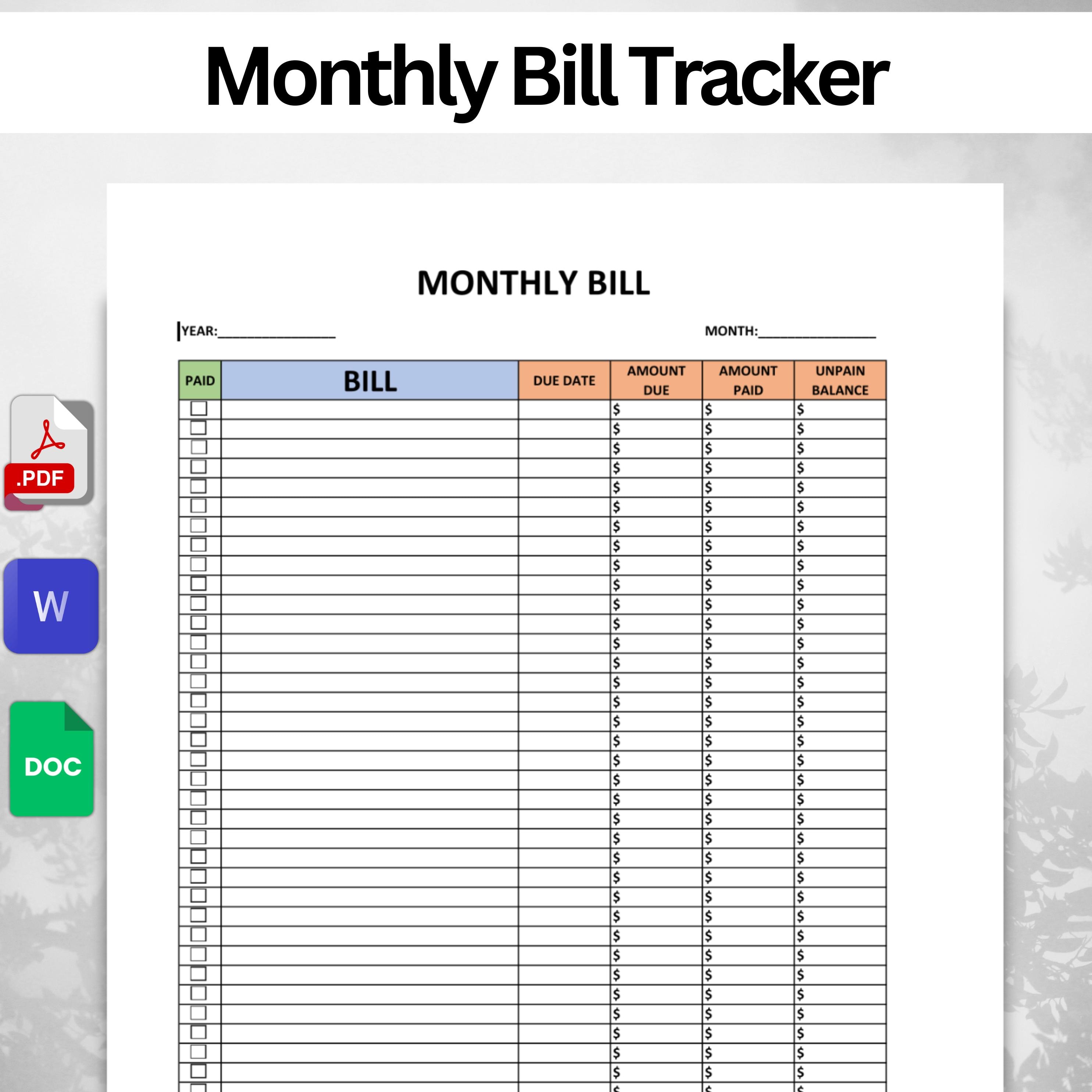 Editable Monthly Bill Tracker, Bill Payment Checklist (PDF, Word) - Etsy