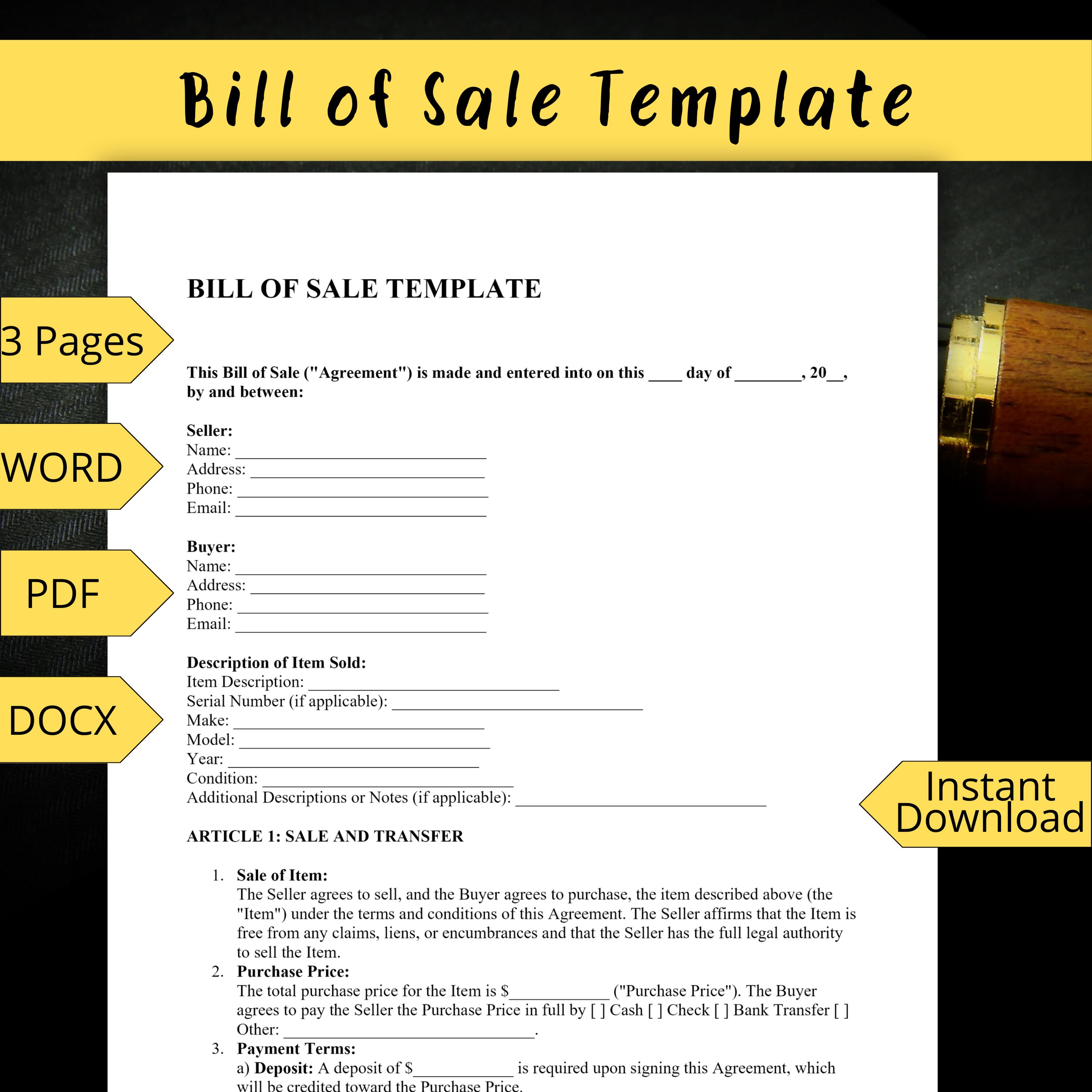 Bill of Sale Template | Editable PDF, Google Doc, Word | Printable ...