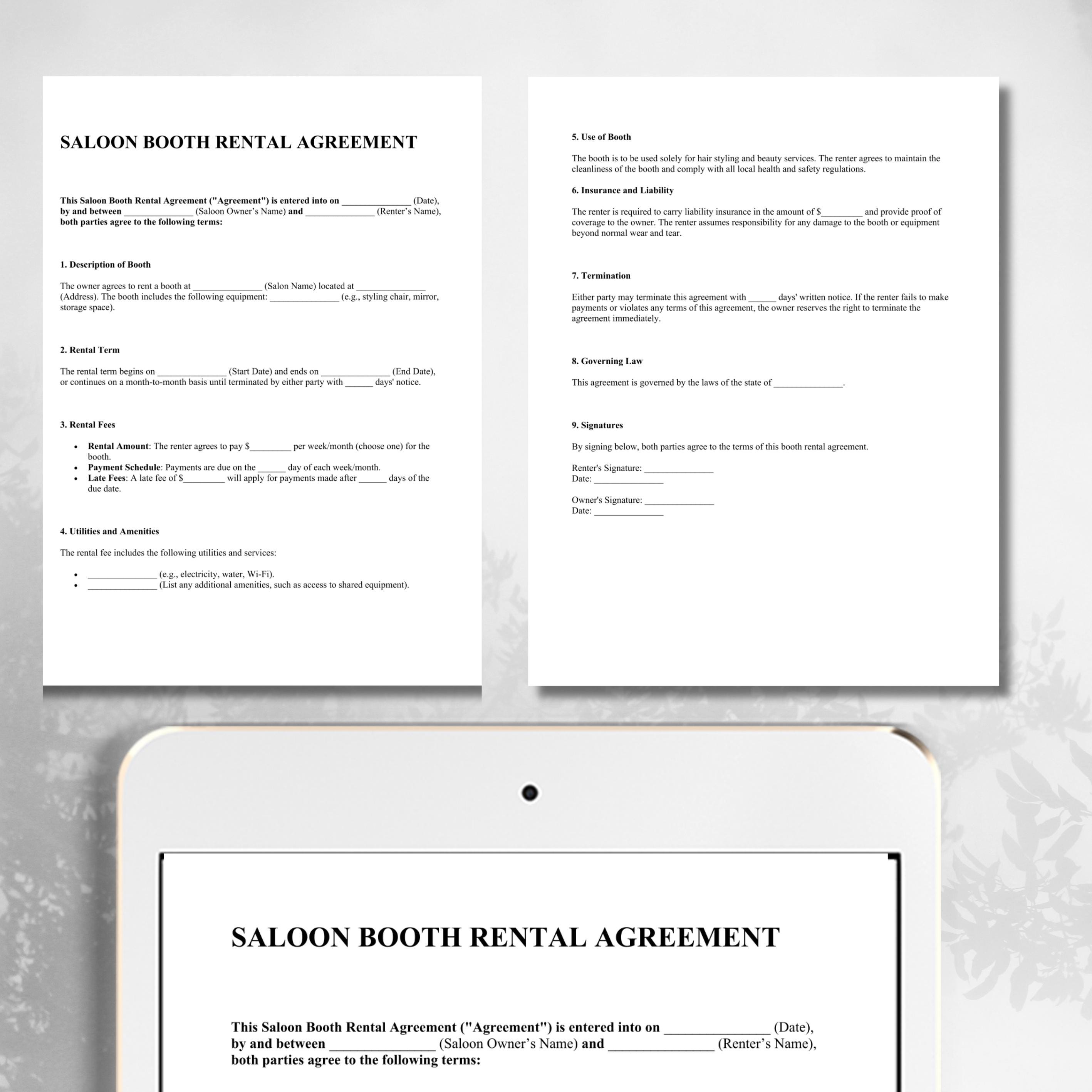 Editable Saloon Booth Rental Agreement - PDF | Word | A4 & US Letter ...