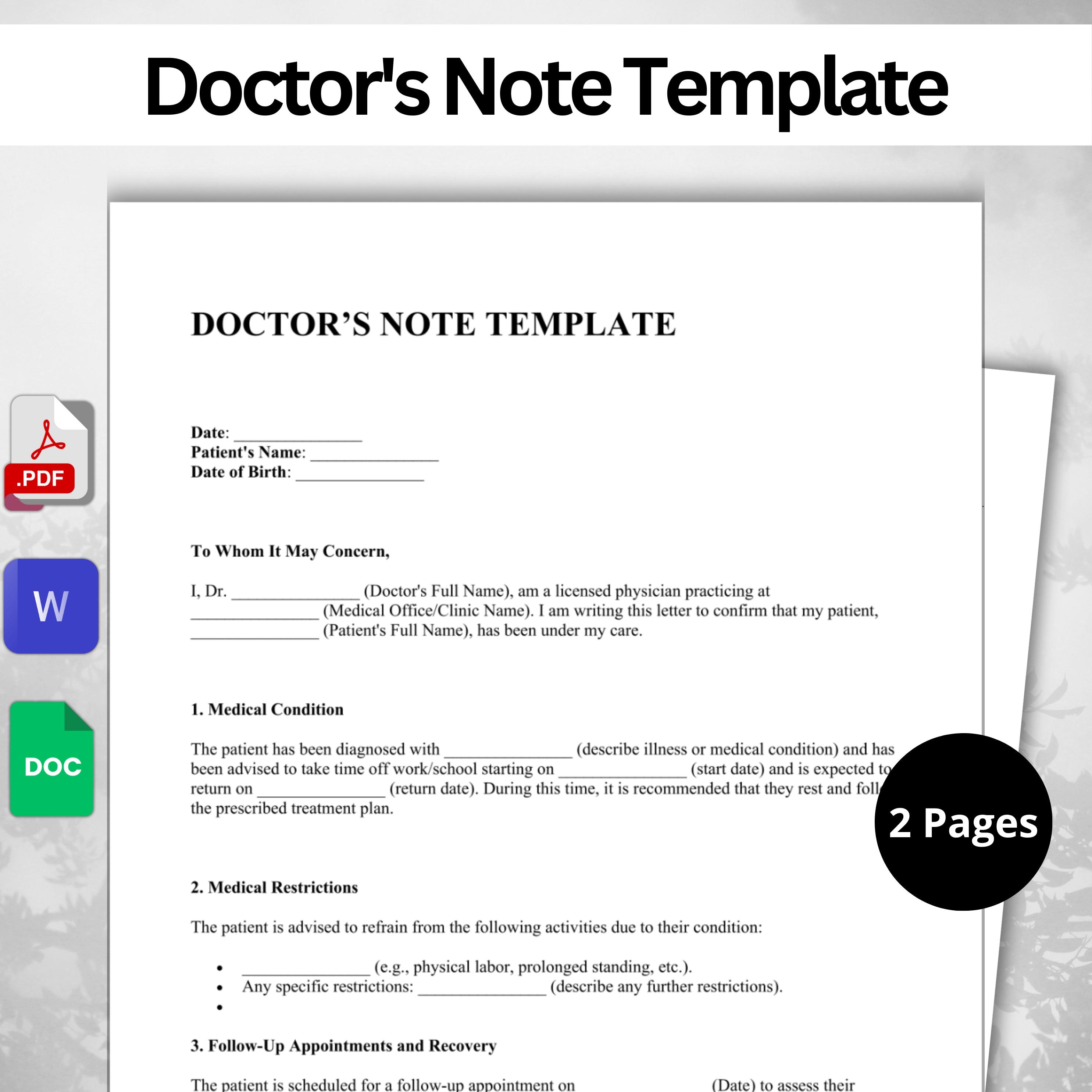 Editable Doctor's Note Template - PDF | Word | A4 | US Letter Size - Etsy