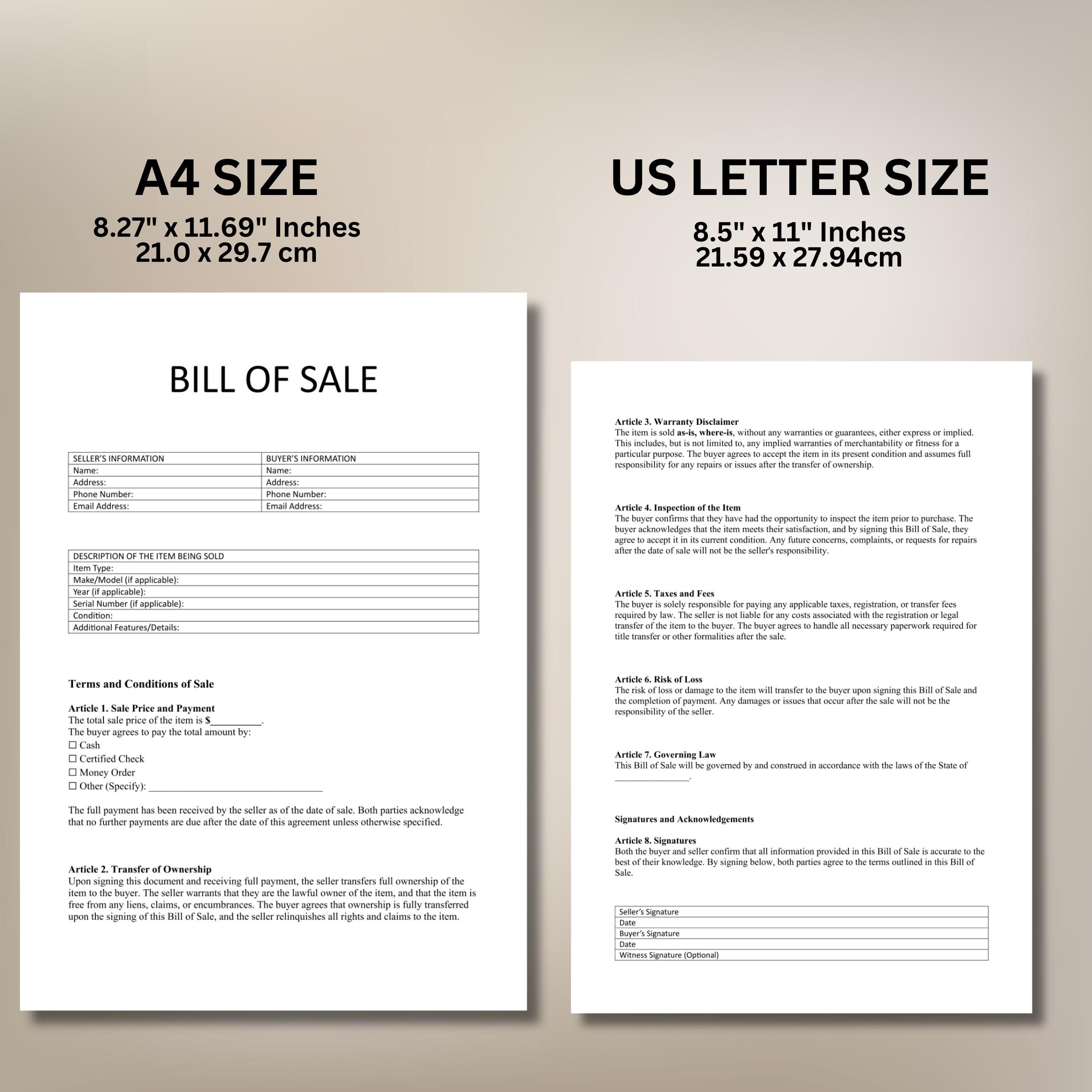 General Bill of Sale Template – Editable PDF & Word A4/US Letter - Etsy