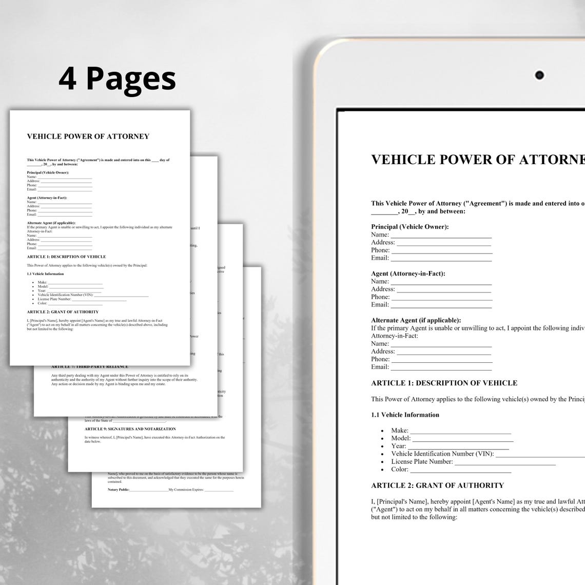 Vehicle Power of Attorney Agreement | Editable PDF, Google Doc, Word ...