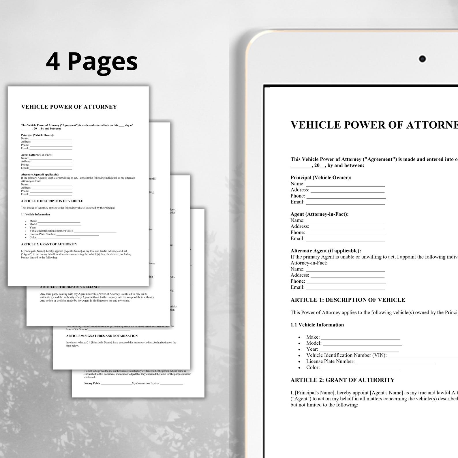 Vehicle Power of Attorney Agreement | Editable PDF, Google Doc, Word ...