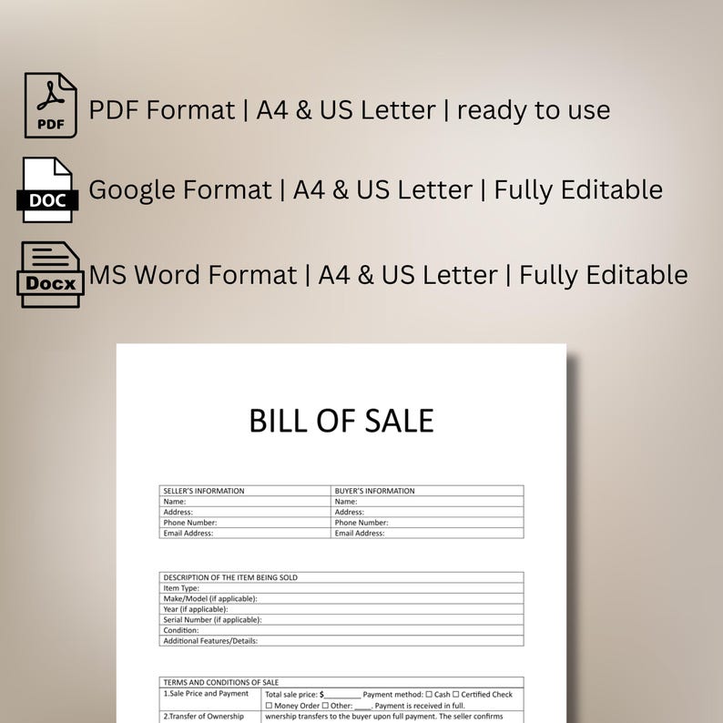 Universal Bill of Sale Template – Editable Template | PDF & Word A4/US ...