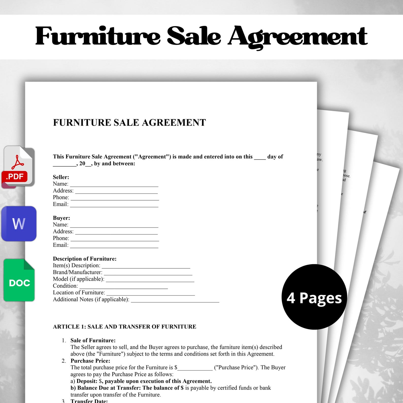 Furniture Sale Agreement | Editable PDF, Google Doc, Word | Secure ...