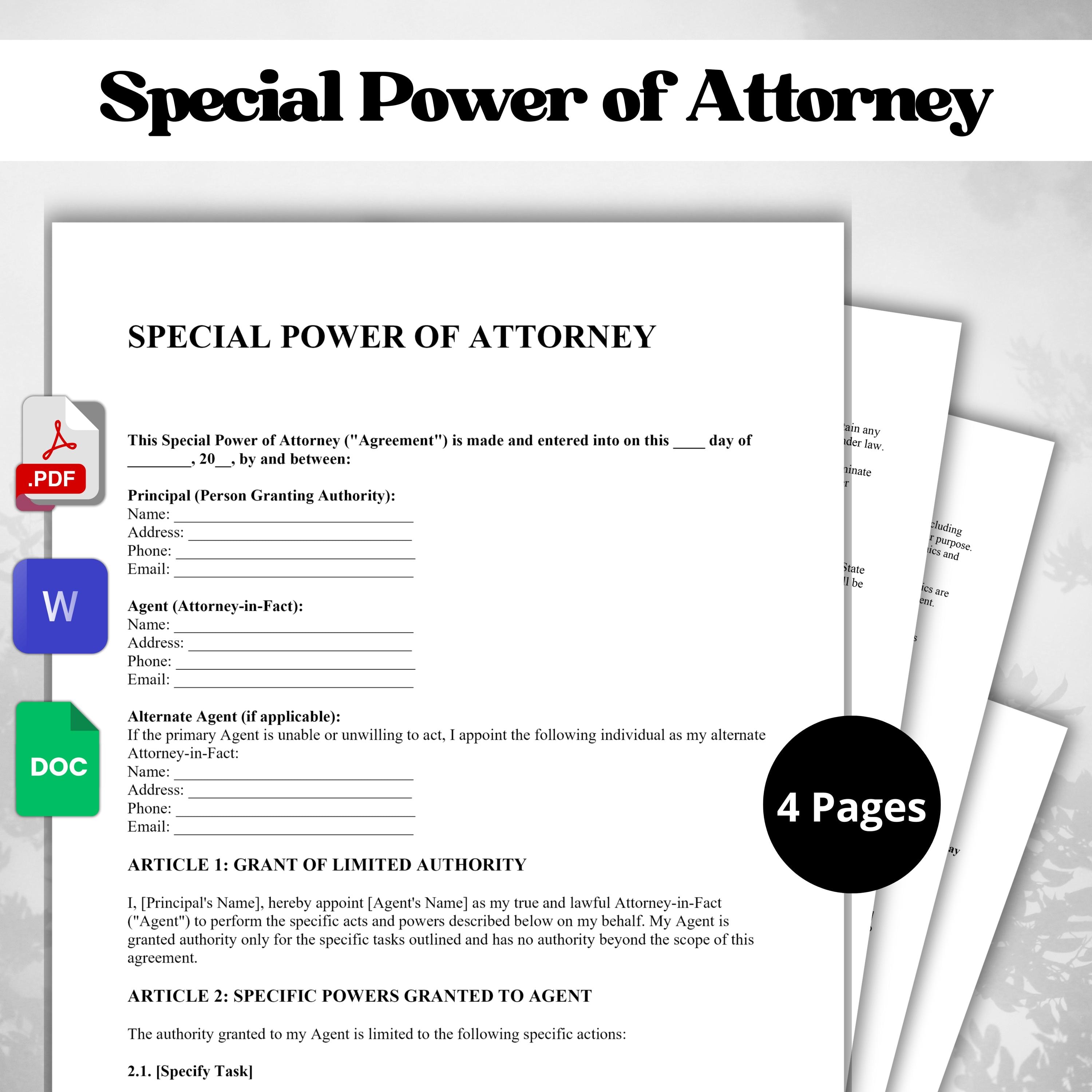 Special Power of Attorney Agreement | Editable PDF, Google Doc, Word ...