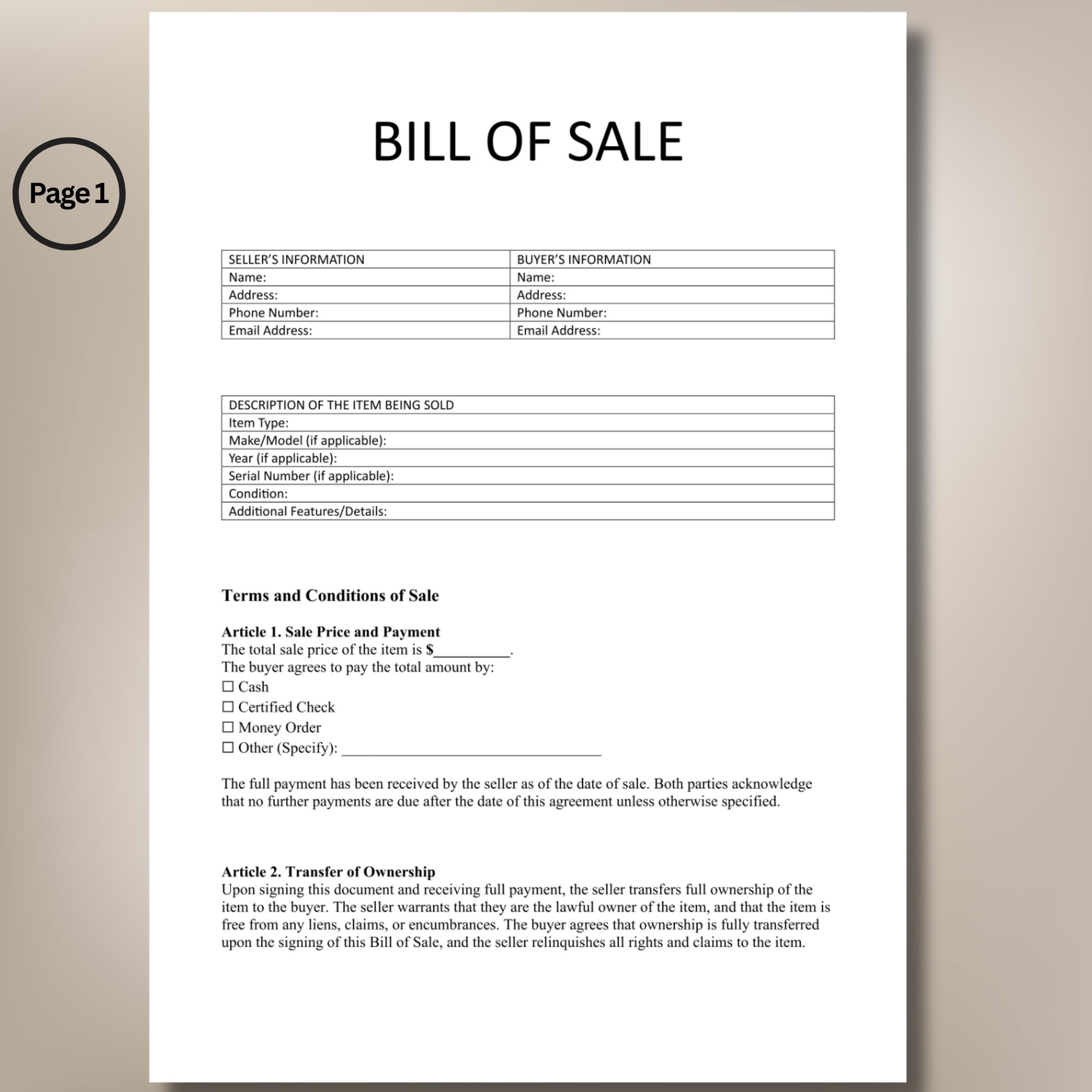 General Bill of Sale Template – Editable PDF & Word A4/US Letter - Etsy