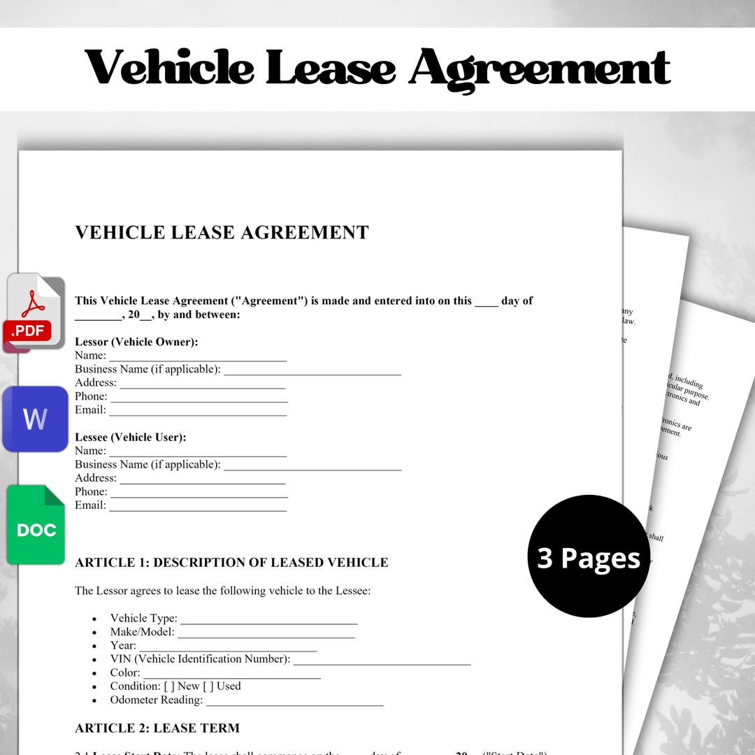 Editable Vehicle Lease Agreement | Editable PDF, Google Doc, Word ...