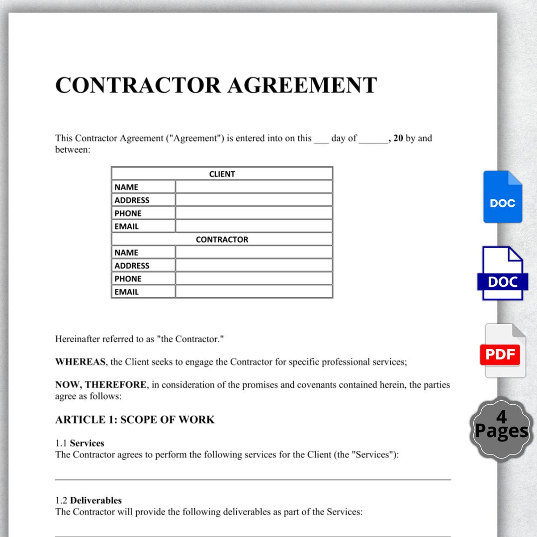 Contractor Agreement – Editable Business Contract | PDF, Word, Google ...