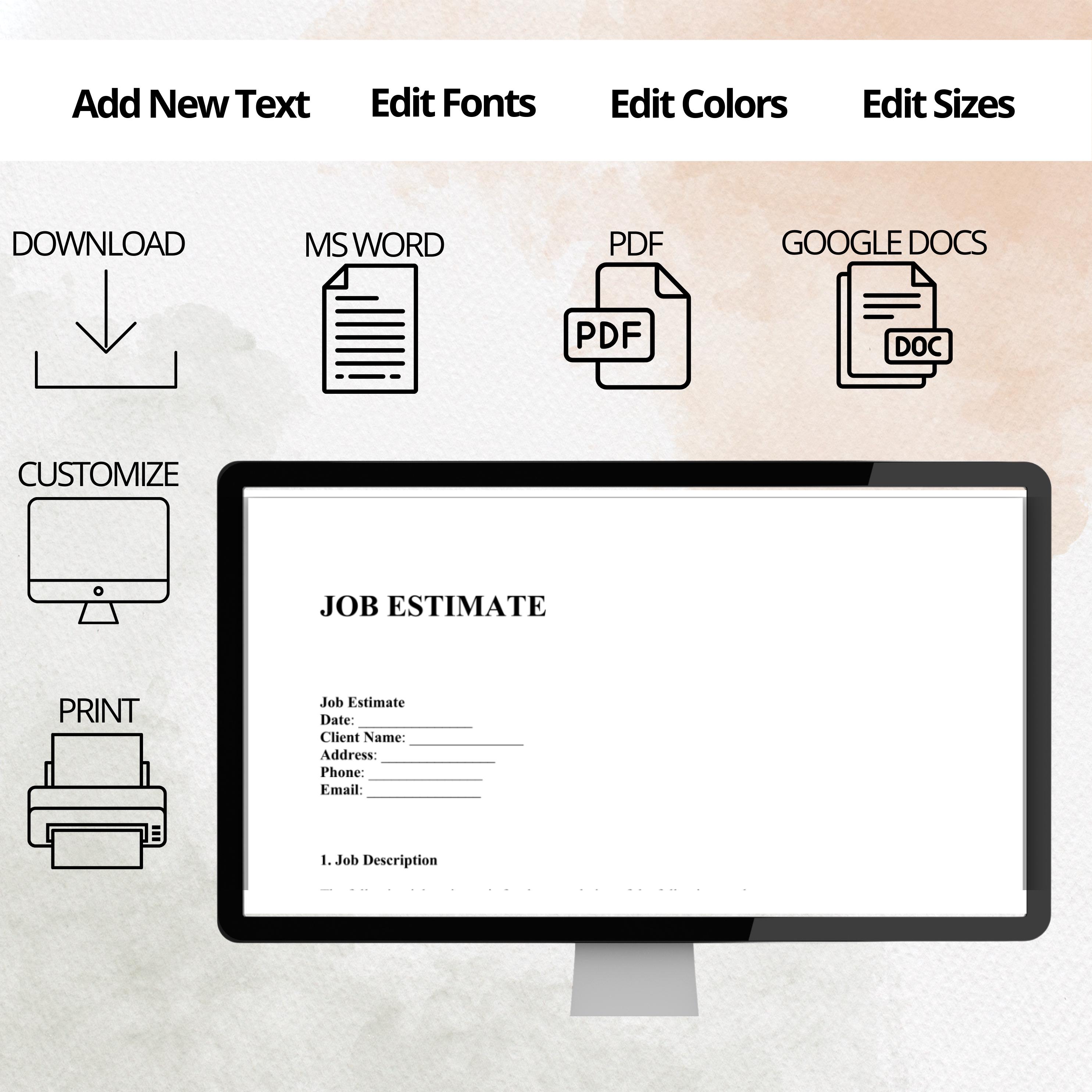 Editable Job Estimate Template - PDF | Word | A4 & US Letter Size - Etsy