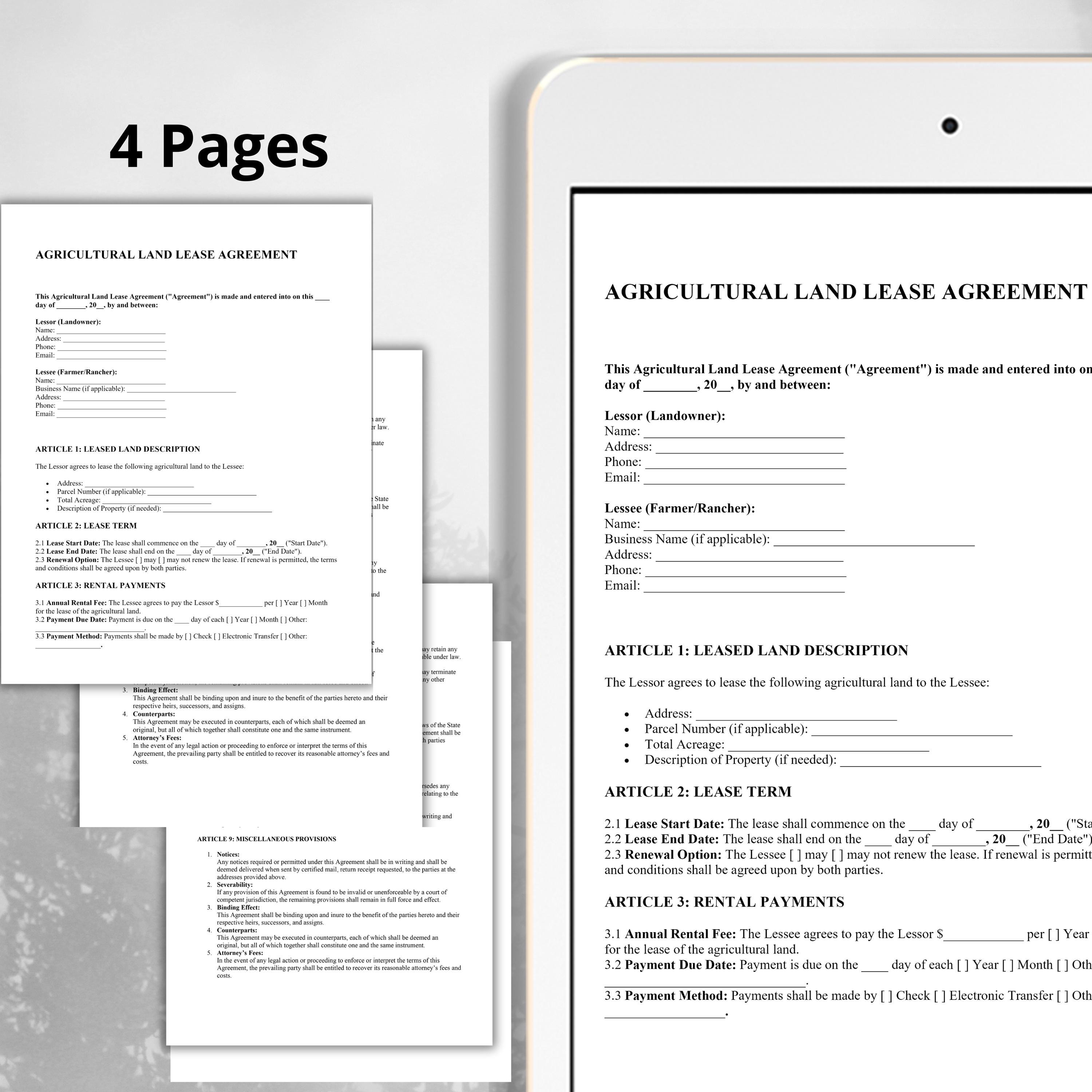 Editable Agricultural Land Lease Agreement | Editable PDF, Google Doc ...