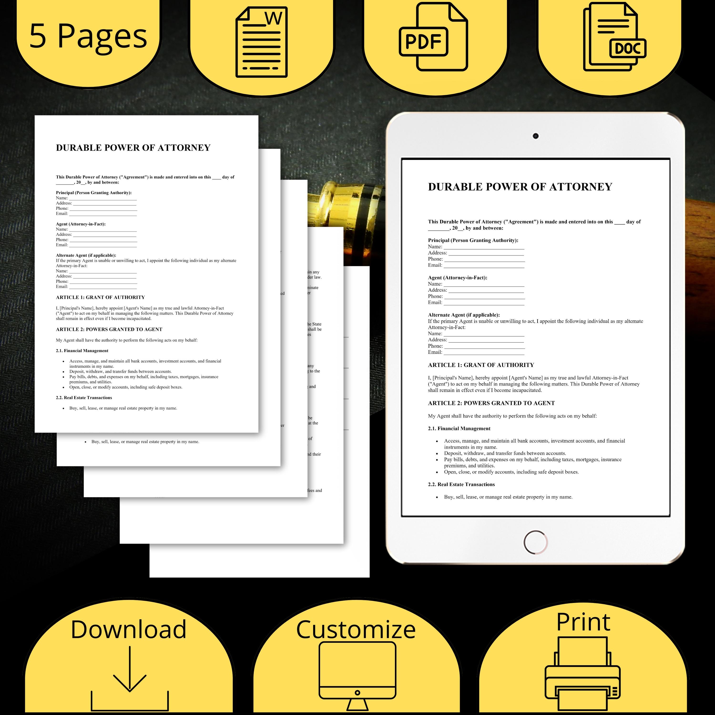 Editable Durable Power of Attorney | Editable PDF, Google Doc, Word ...