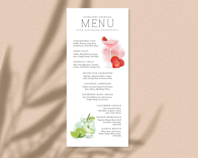 Editable Signature Drink Sign, Drink Menu Template, Cocktail Menu Sign ...