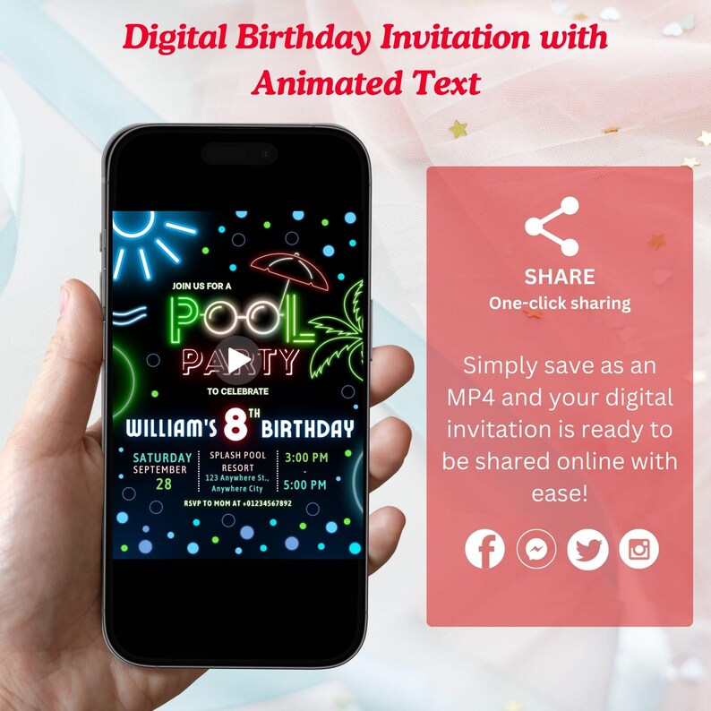 Glow Pool Party Invite, Neon Summer Birthday Theme, Animated Editable ...