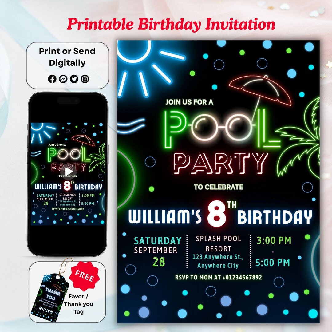 Glow Pool Party Invite, Neon Summer Birthday Theme, Animated Editable ...