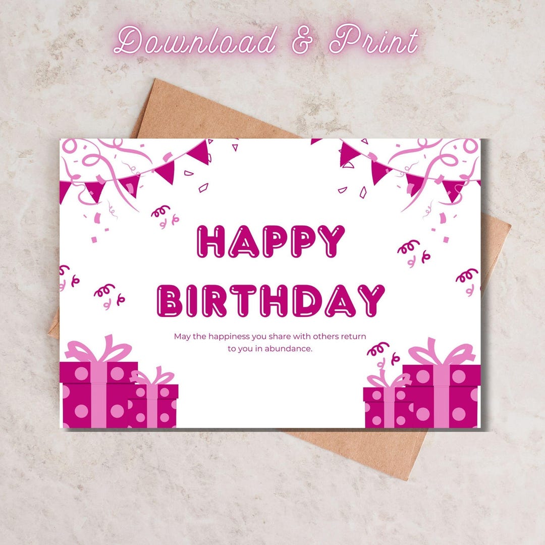 Pink Printable Birthday Card, Printable Pink Birthday Card, Happy ...