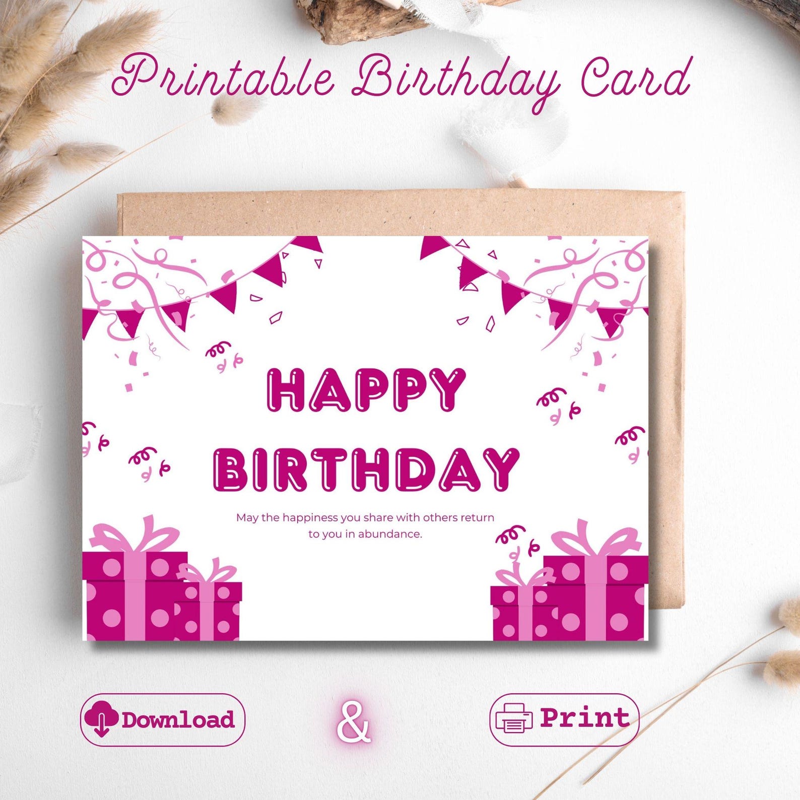 Printable Pink Birthday Card, Pink Birthday Card, Happy Birthday Card ...