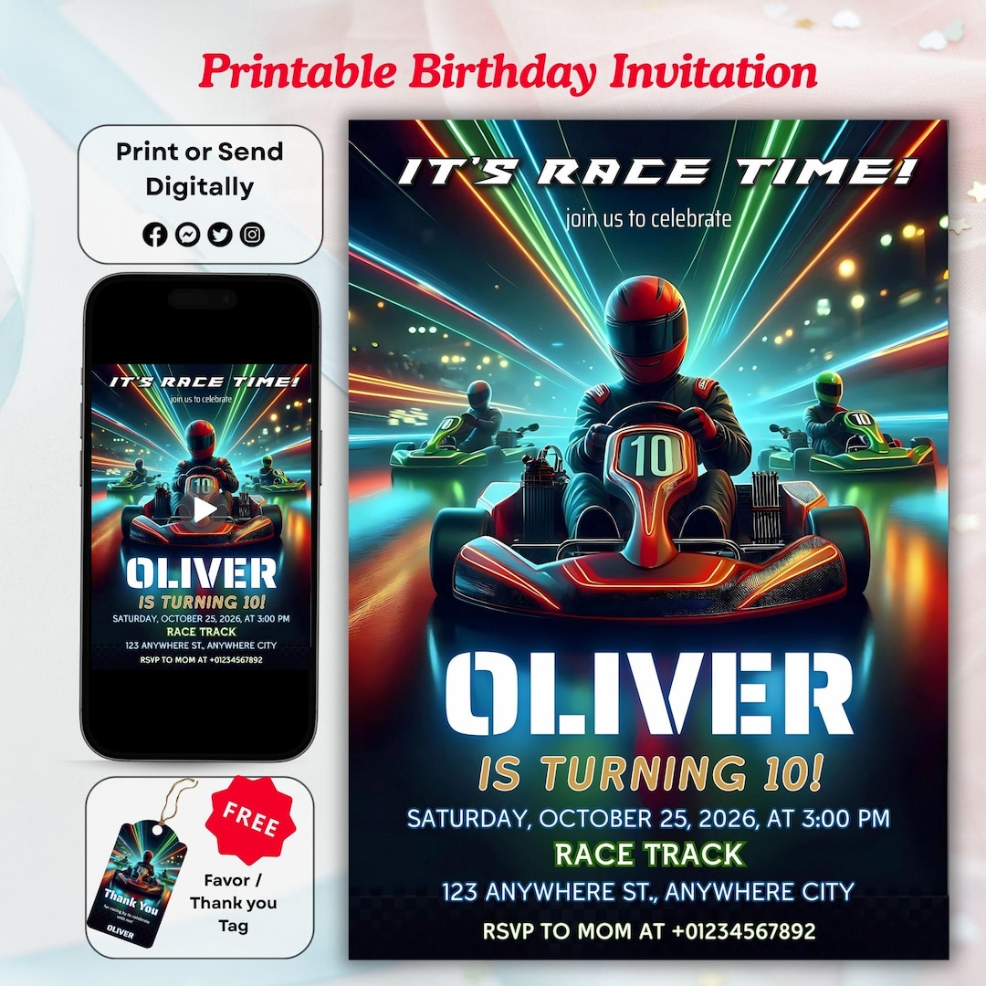 Go Kart Birthday Invitation, Go Kart Party, Birthday Animated ...
