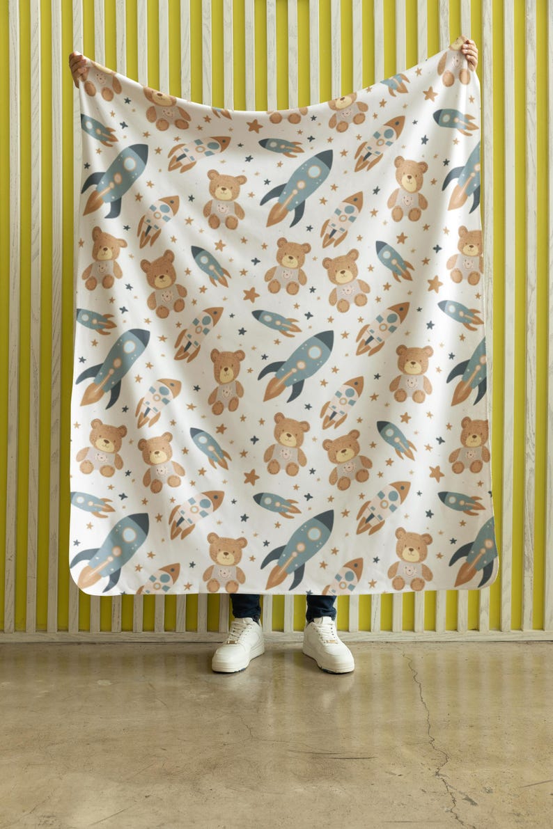 Rocket Stars and Teddy Bear Cozy Velveteen Plush Blanket, Soft and ...