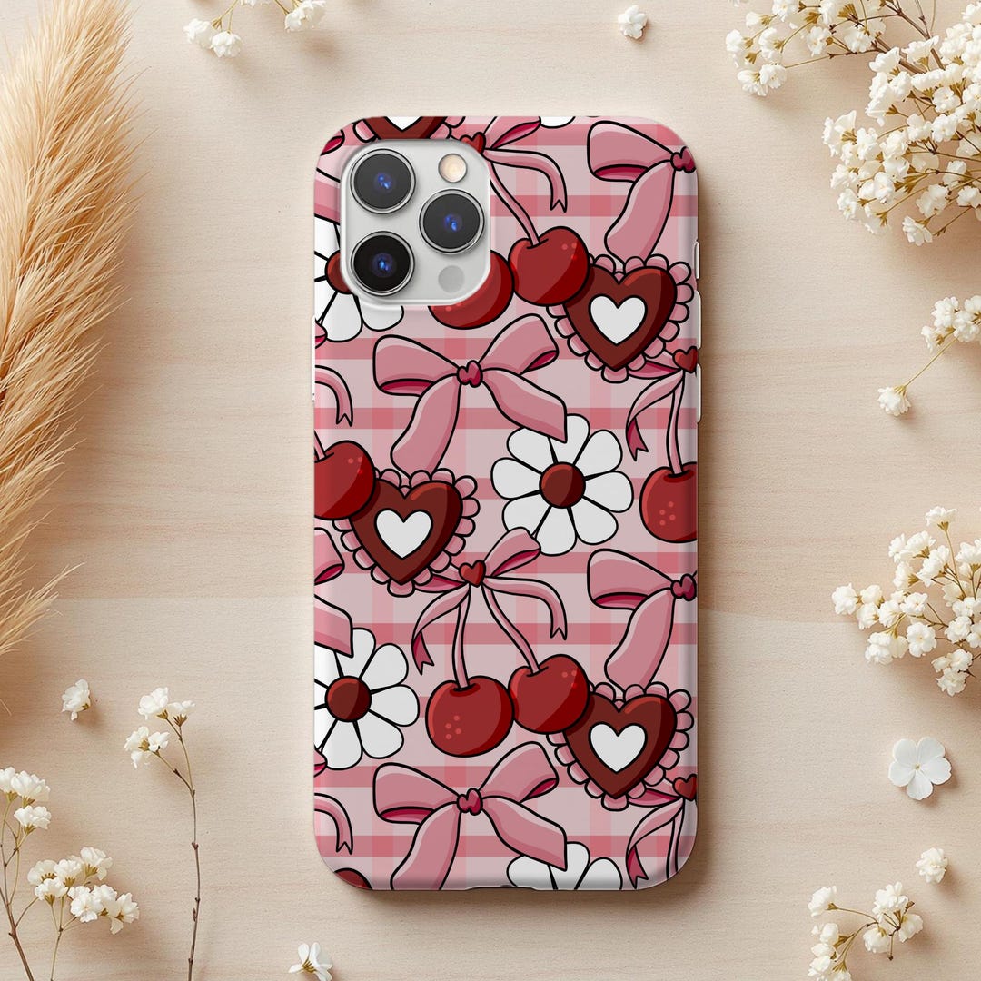 Pink Coquette Phone Case, Cherry Bow Pattern, Gingham Print, Shockproof ...