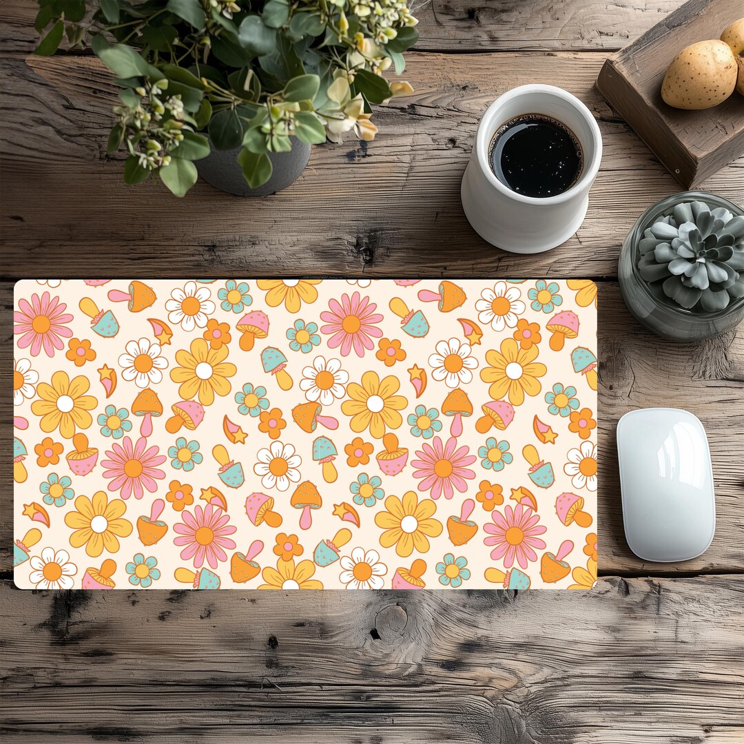 Retro Groovy Mushroom, Floral, Gaming, Aesthetic Mat, Office Desk ...