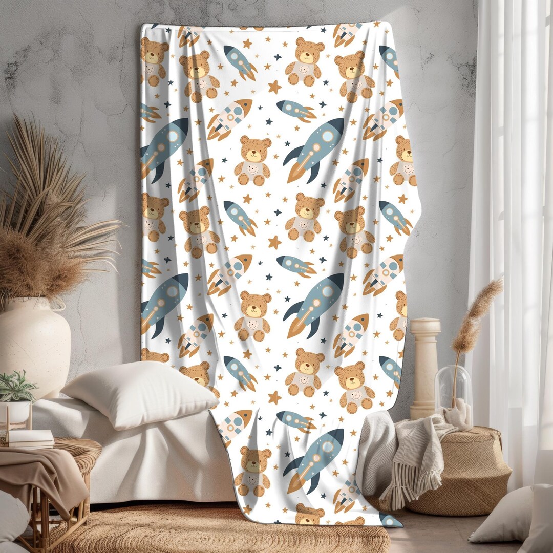 Rocket Stars and Teddy Bear Cozy Velveteen Plush Blanket, Soft and ...