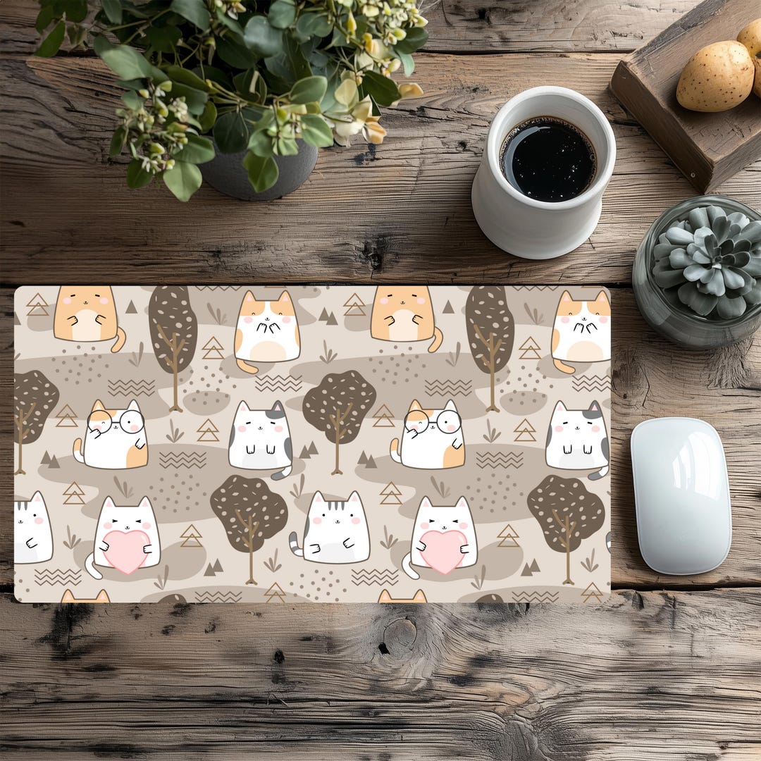 Boho Kawaii Cute Cats, Gaming, Aesthetic Desk Mat, Office Desk ...