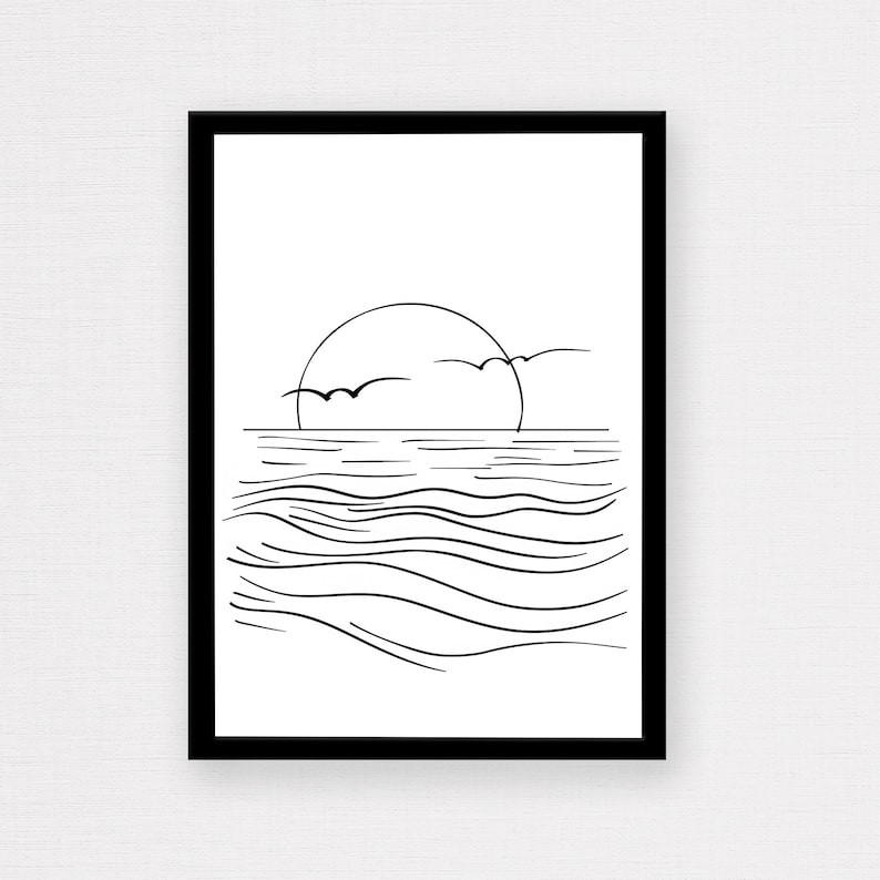 Sunset Line Drawing Nature Sketch Modern Art Elegant Landscape Sun and ...