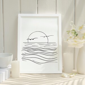 Sunset Line Drawing Nature Sketch Modern Art Elegant Landscape Sun and ...