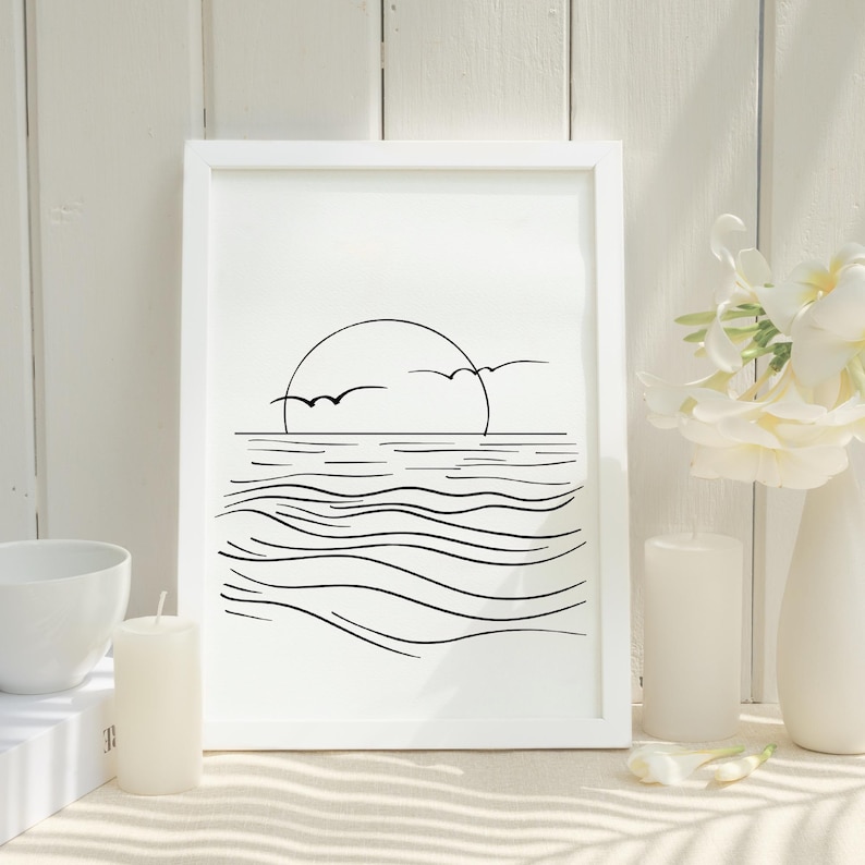 Sunset Line Drawing Nature Sketch Modern Art Elegant Landscape Sun and ...