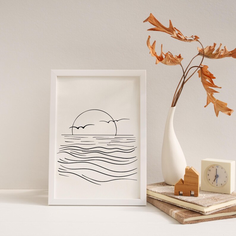 Sunset Line Drawing Nature Sketch Modern Art Elegant Landscape Sun and ...