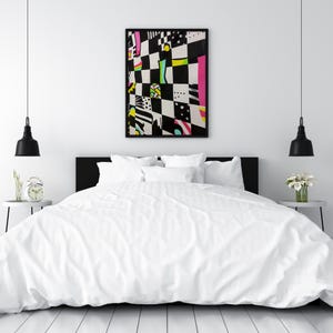Checkered Board, Black and White Pattern, Geometric Shapes, Neon Colors ...