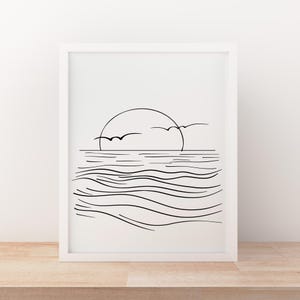 Sunset Line Drawing Nature Sketch Modern Art Elegant Landscape Sun and ...