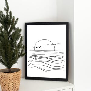 Sunset Line Drawing Nature Sketch Modern Art Elegant Landscape Sun and ...