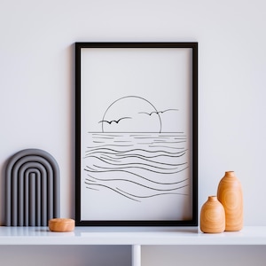 Sunset Line Drawing Nature Sketch Modern Art Elegant Landscape Sun and ...