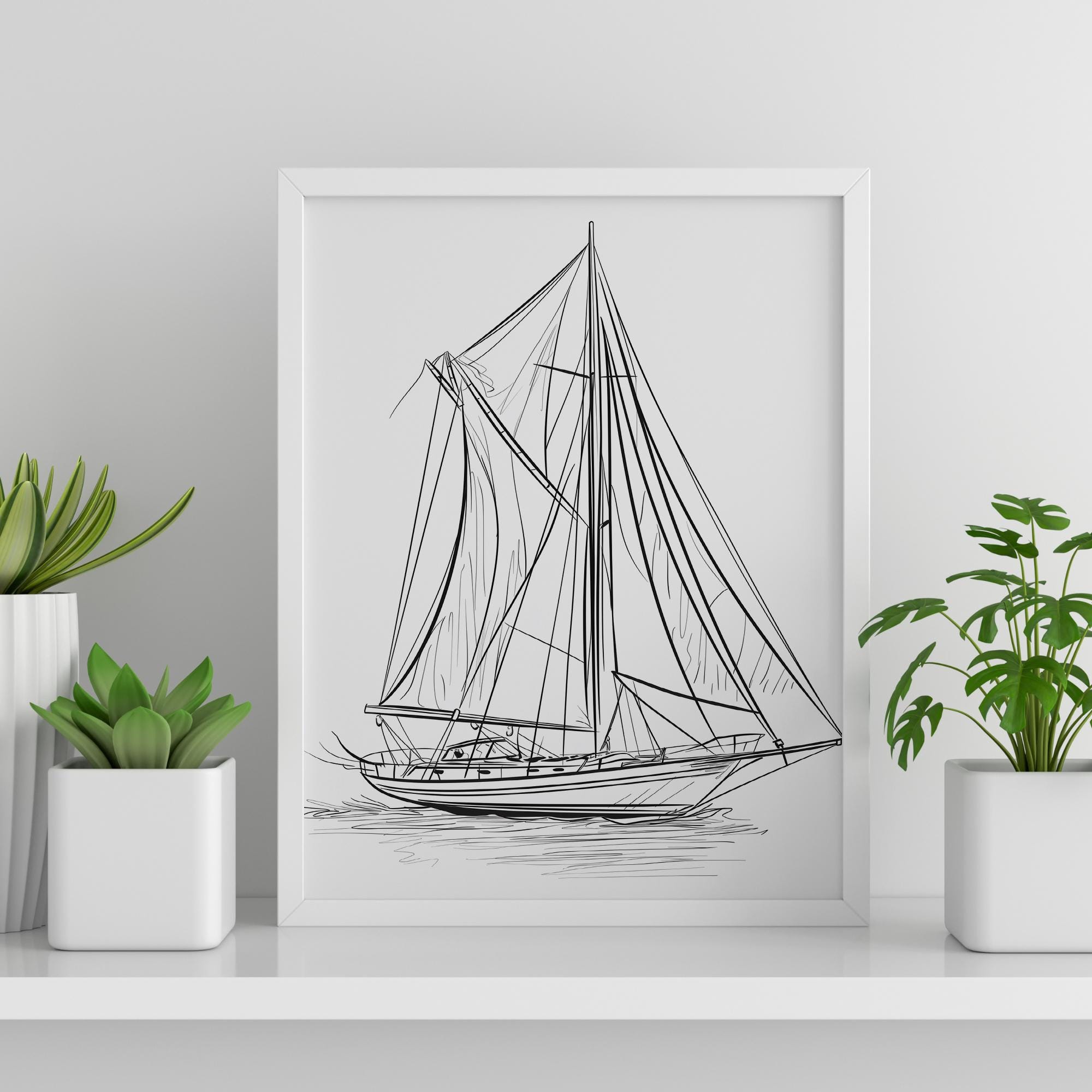 Sailboat Drawing Boat Illustration Simple Line Art Sleek Modern Artwork ...