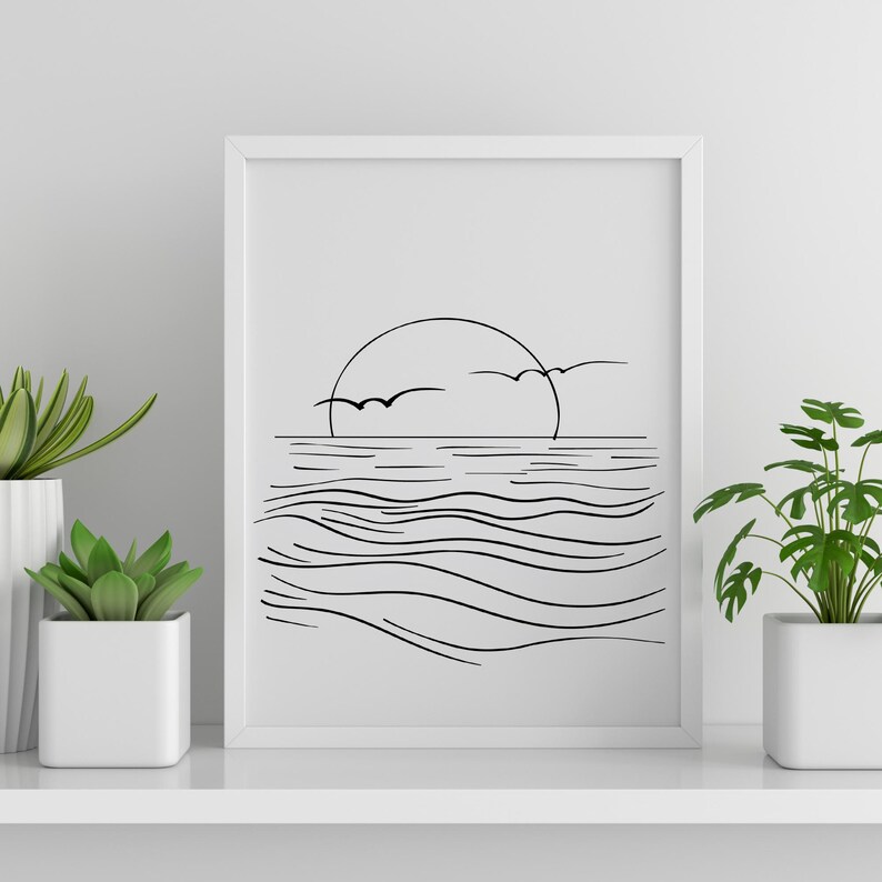 Sunset Line Drawing Nature Sketch Modern Art Elegant Landscape Sun and ...