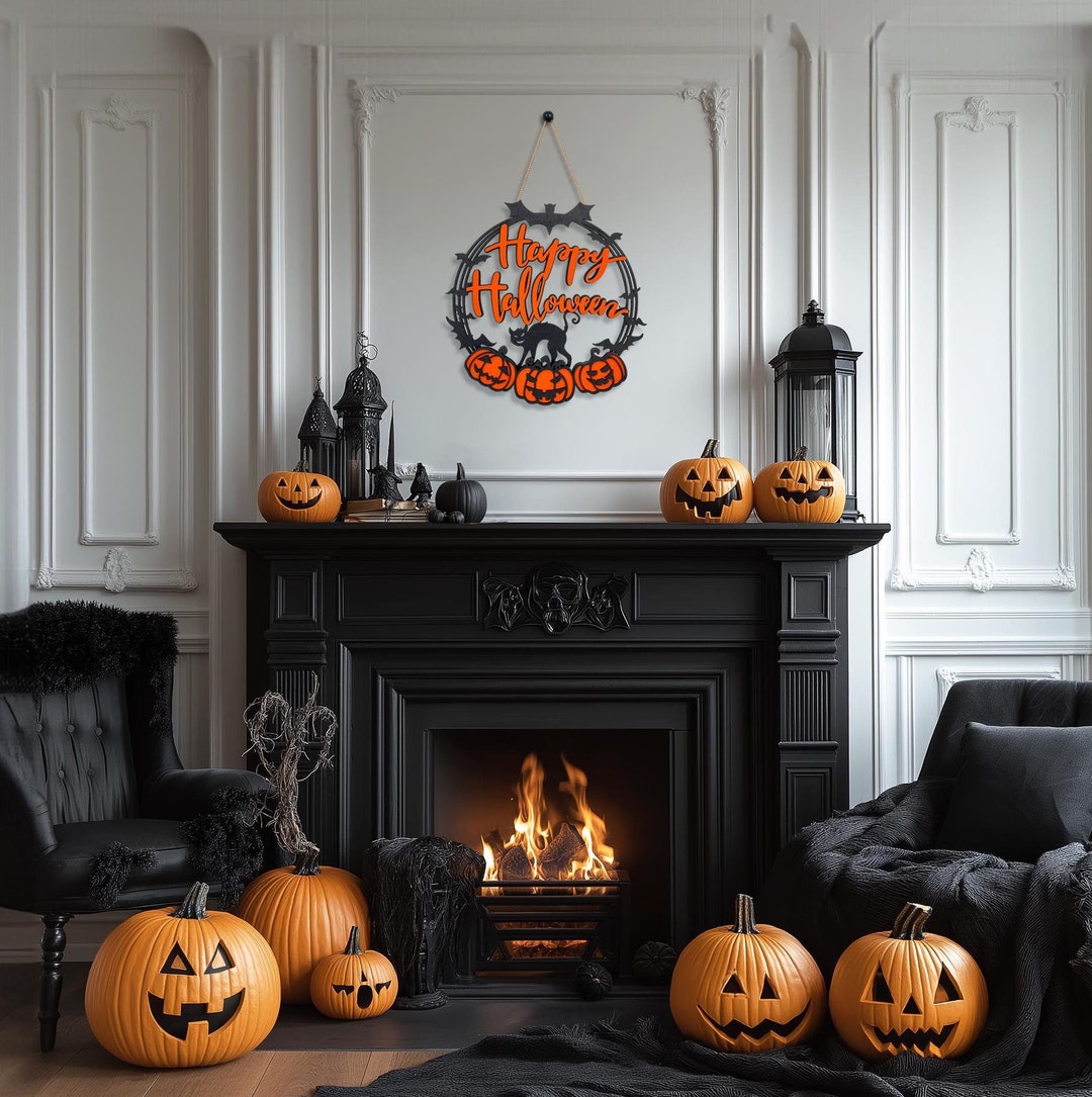 Happy Halloween Wooden Wall Art, Spooky Pumpkin and Cat Decor ...