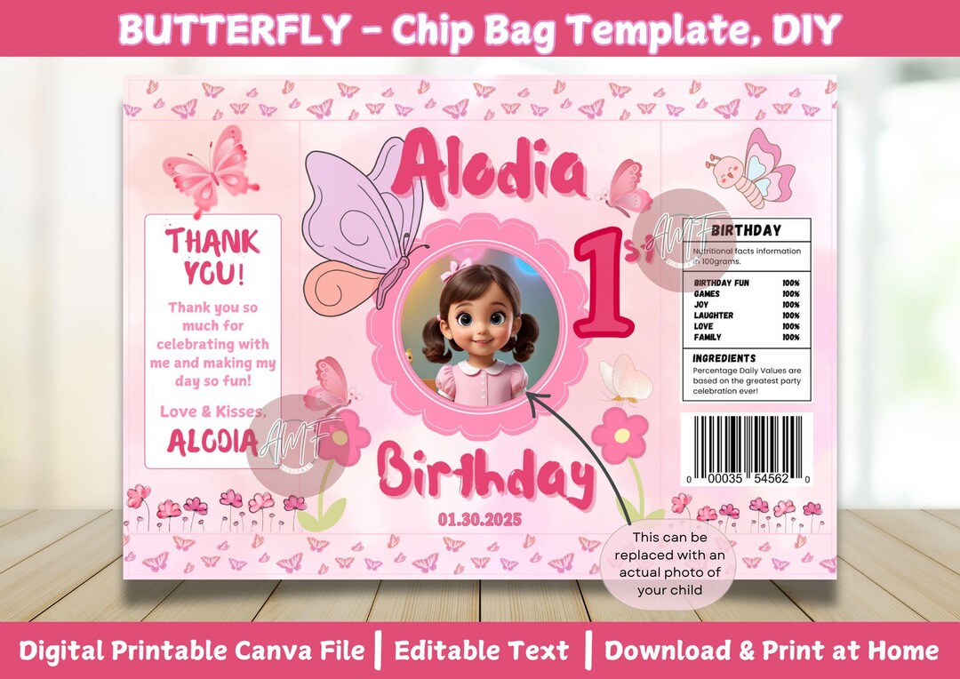 Butterfly Chip Bag Editable Printable Canva Template, Baby Girl Color ...