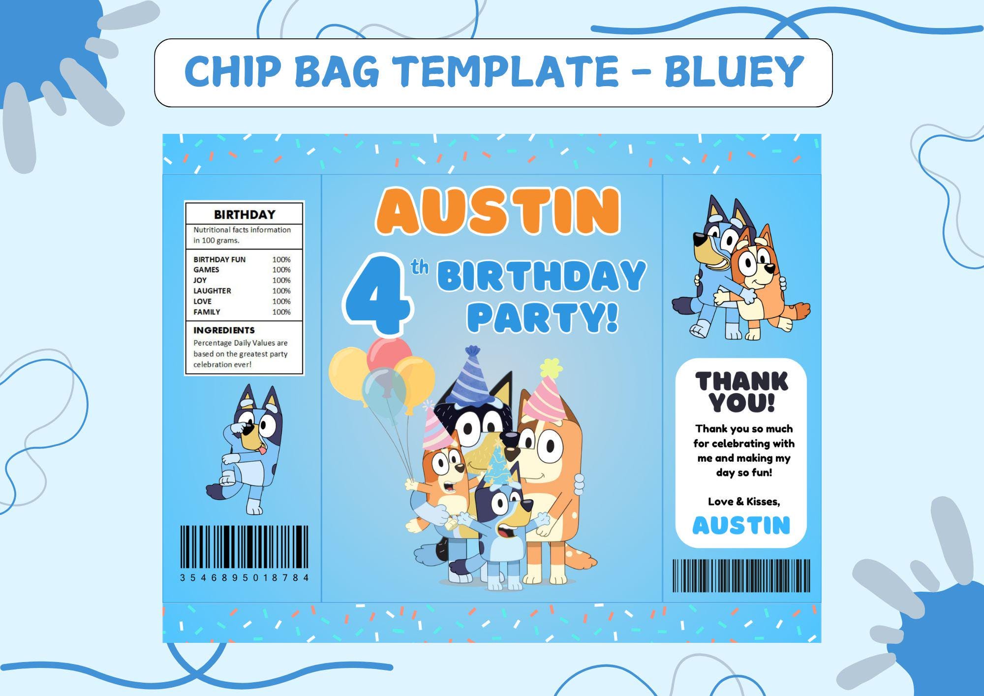 Chip Bag Template - Editable - Bluey Theme - DIY - Etsy