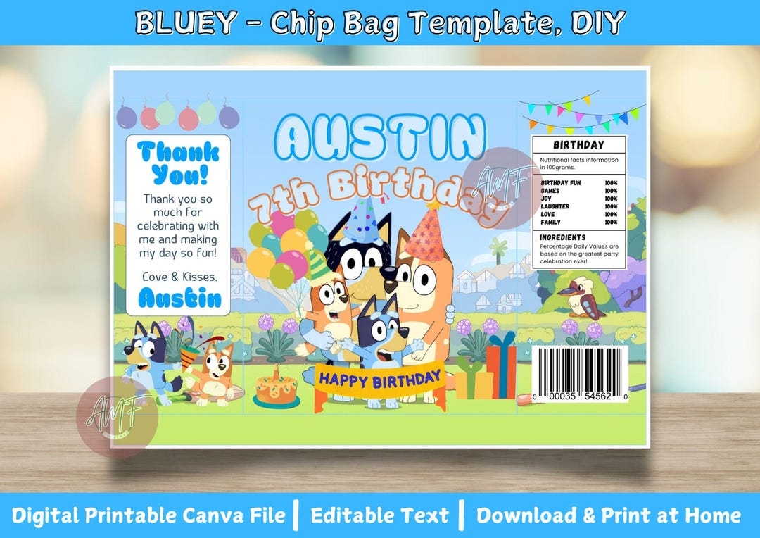 Bluey Chip Bag Editable Canva Template, Printable, Canva Template, DIY ...