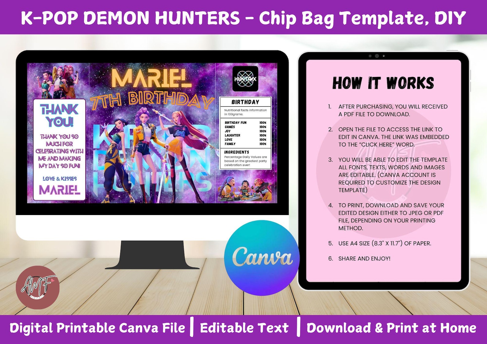 K-pop Demon Hunters Editable Chip Bag Template, Huntrix Canva Template ...