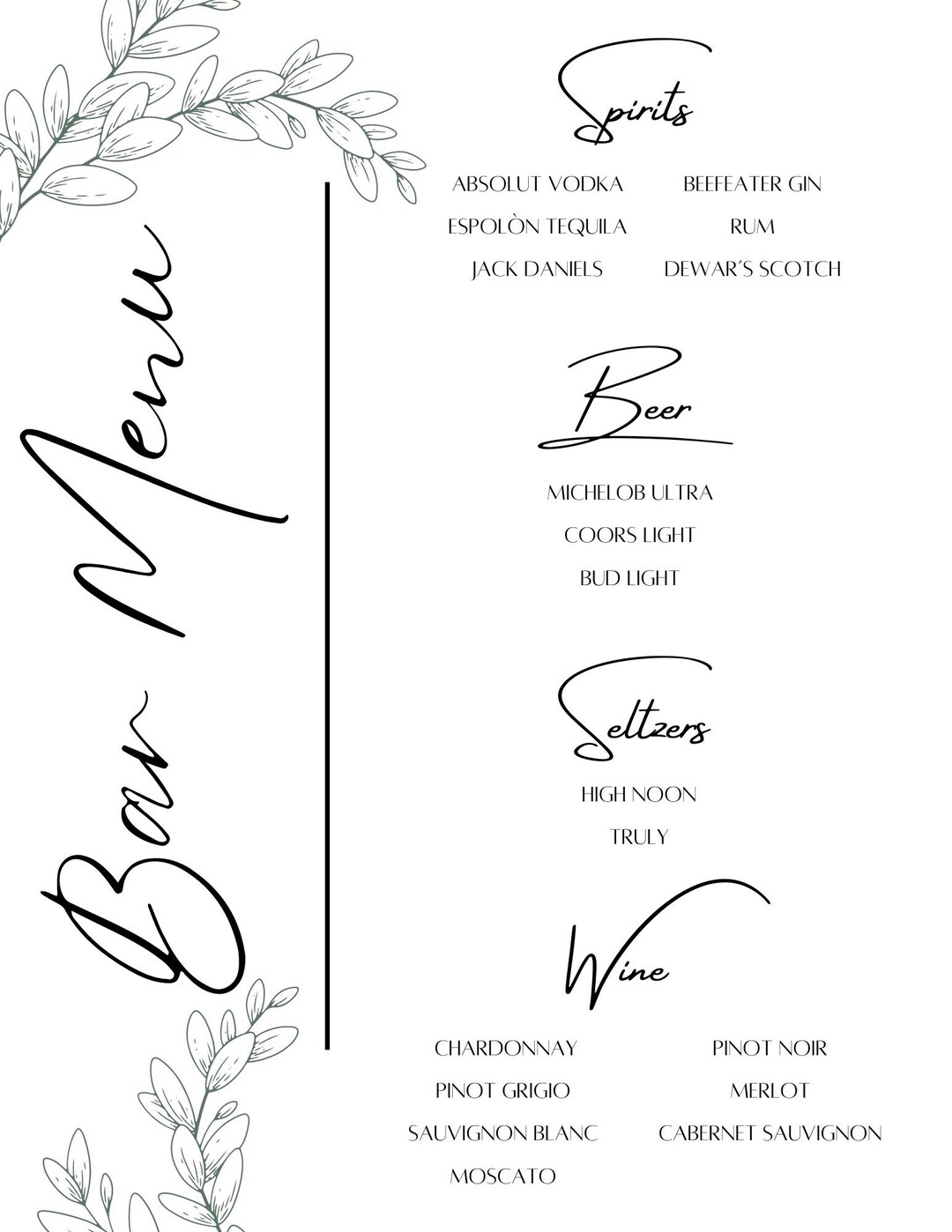 Wedding/event Bar Menu Sign Template - Etsy