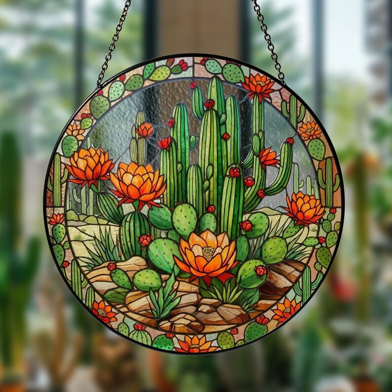 Cactus Stained Glass Suncatcher, Window Hanging Decor, Indoor Outdoor ...