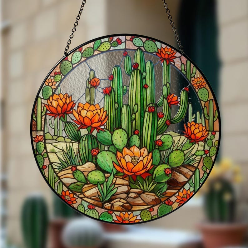 Cactus Stained Glass Suncatcher, Window Hanging Decor, Indoor Outdoor ...